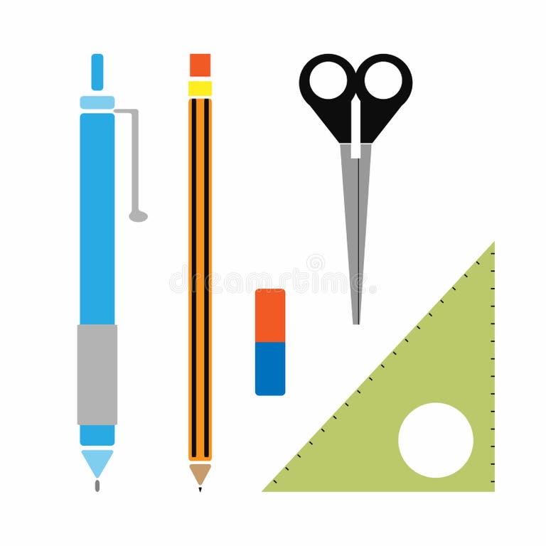Set of Pen, Pencil, Eraser, Triangular Ruler, Scissors. Vector ...