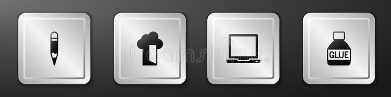 Set Pencil, Cloud Database, Laptop and Glue Icon. Silver Square Button ...