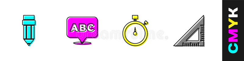 Set Pencil with Eraser, Alphabet, Stopwatch and Triangular Ruler Icon ...