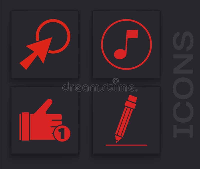 Set Pencil with Eraser, Arrow Cursor, Music Note, Tone and Hand Like ...