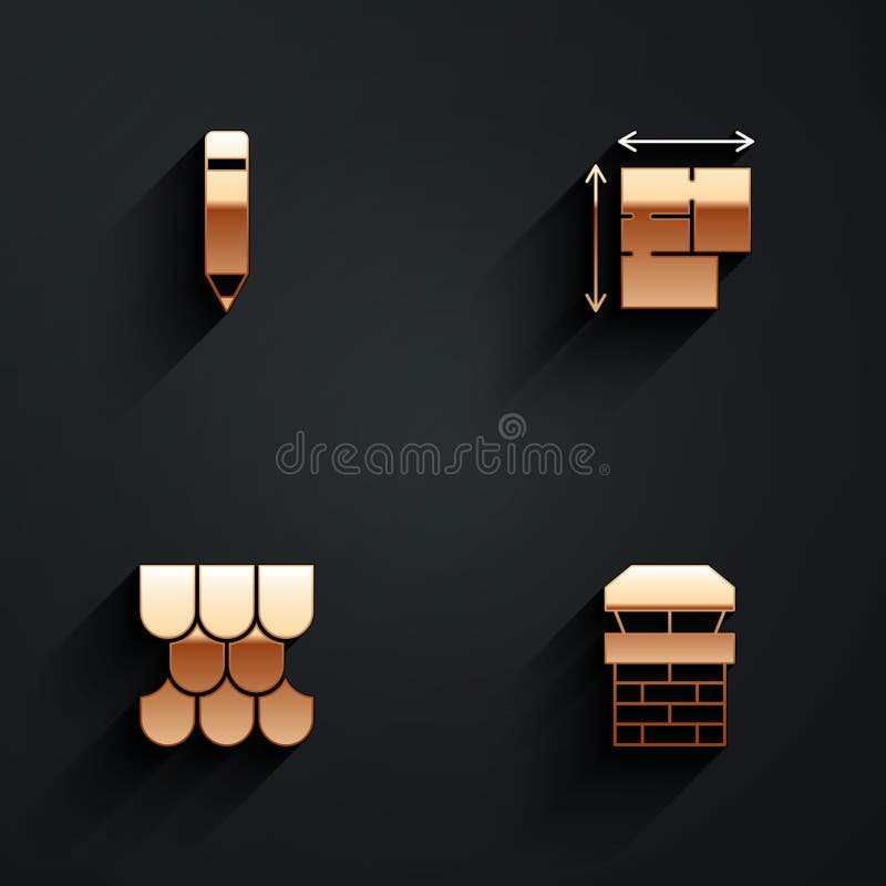 Set Pencil with Eraser, House Plan, Roof Tile and Chimney Icon with ...