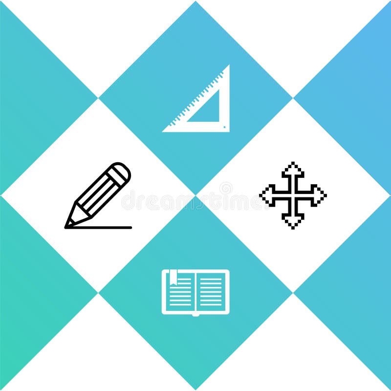 Set Pencil and Line, Open Book, Triangular Ruler and Pixel Arrows Four ...