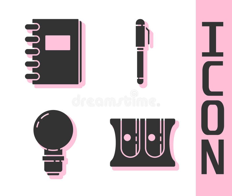 Set Pencil Sharpener, Spiral Notebook, Light Bulb and Pen Icon. Vector ...