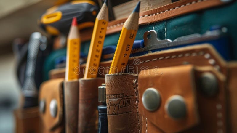 A Set of Pencils and a Level Clipped Onto a Tool Belts Loops for Quick ...