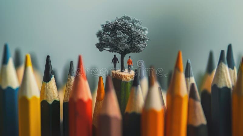 A Set of Pencils Stacked on Top of a Small Tree Stock Illustration ...