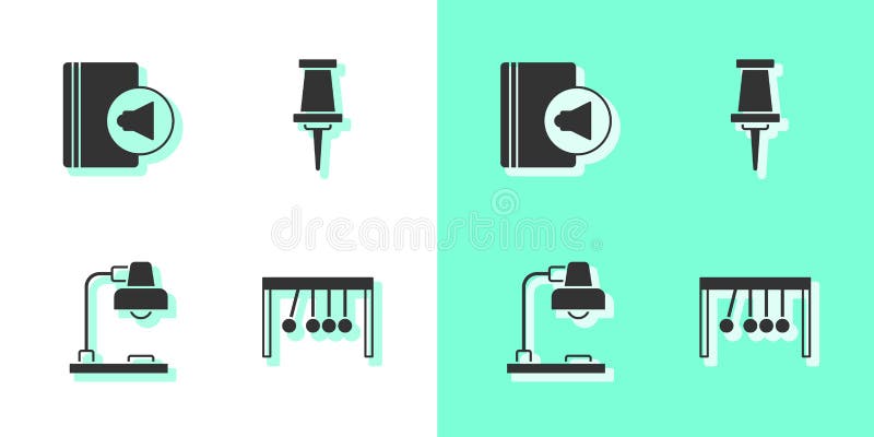 Set Pendulum, Audio Book, Table Lamp and Push Pin Icon. Vector Stock ...