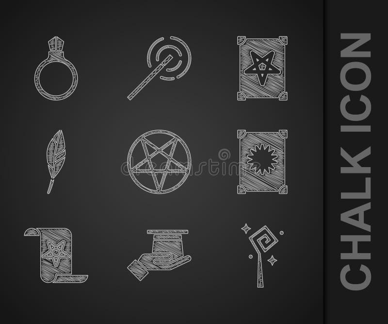 Set Pentagram in a Circle, Magician Hat Hand, Staff, Ancient Magic Book ...