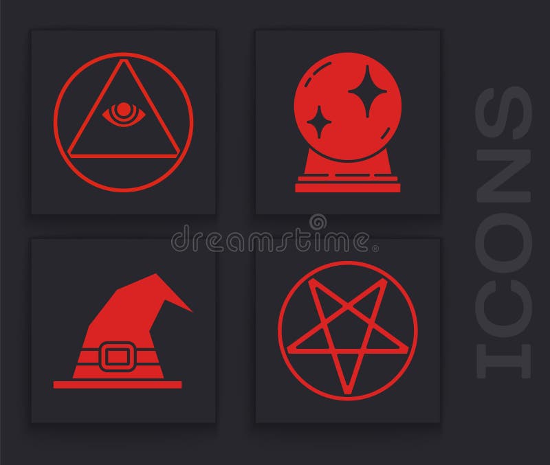 Set Pentagram in a Circle, Masons, Magic Ball and Witch Hat Icon ...