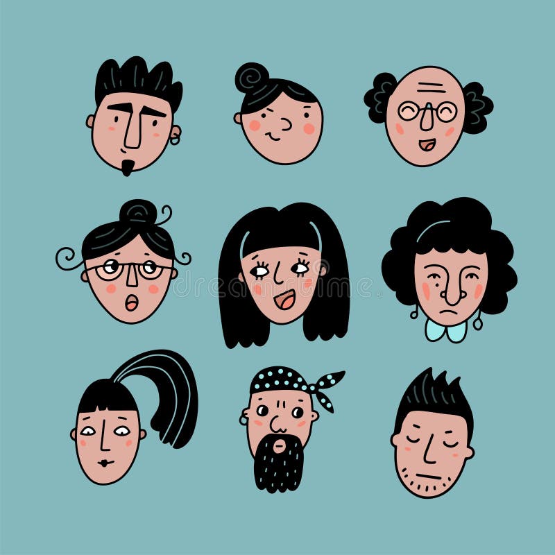 Set Of People Avatars For Social Media Website Doodle Portraits Of