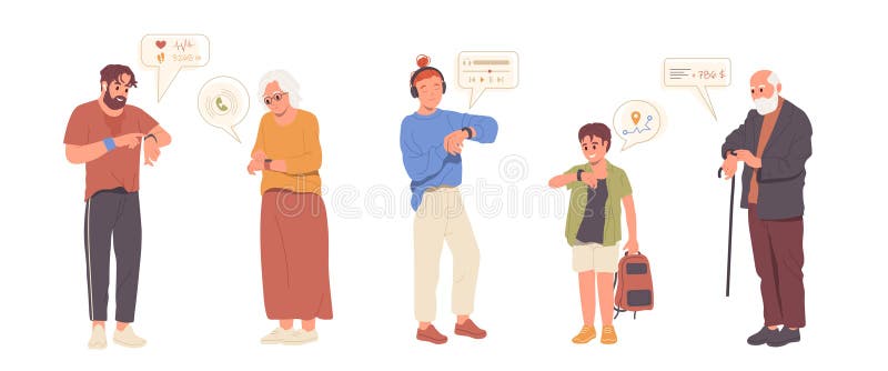 Set of People Cartoon Characters Different Age Using Smartwatch Gadget ...