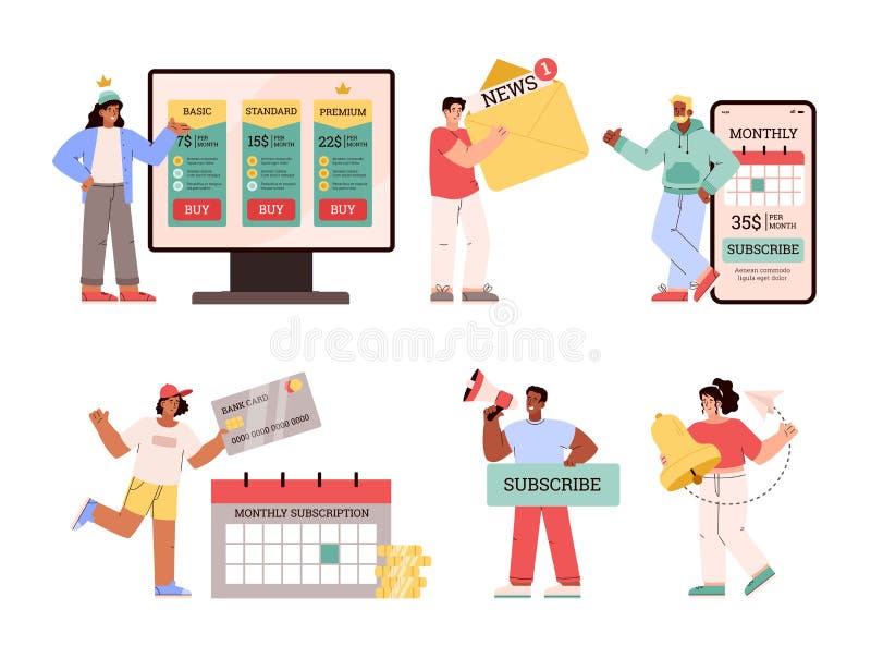 Set of People Characters Advertising Various Subscriptions Flat Style ...