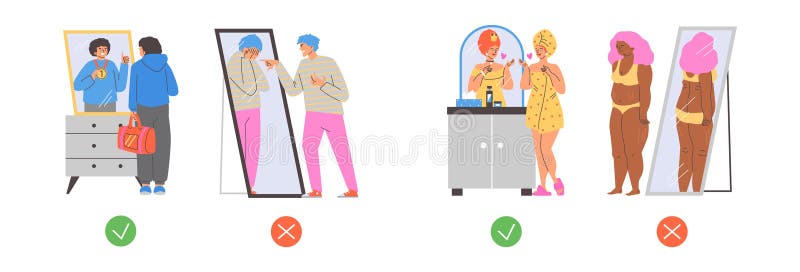 Set of People Communicate with Reflection in Mirror Flat Style, Vector ...