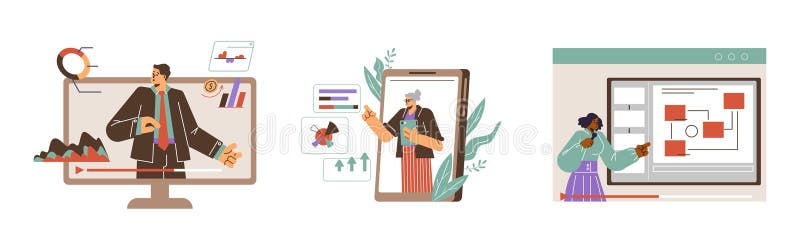 Set of People and Couches Making Presentations Online, Flat Vector ...