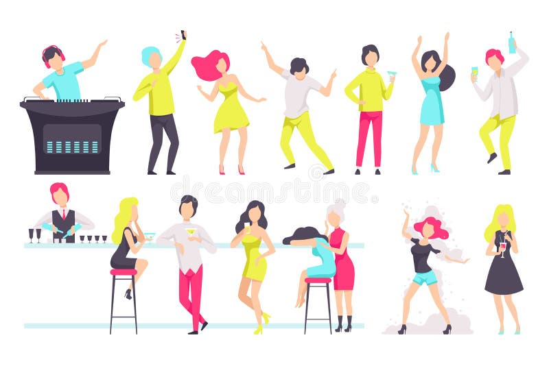 Set of People Drinking Alcohol Drinks and Dancing at Club Flat Vector ...