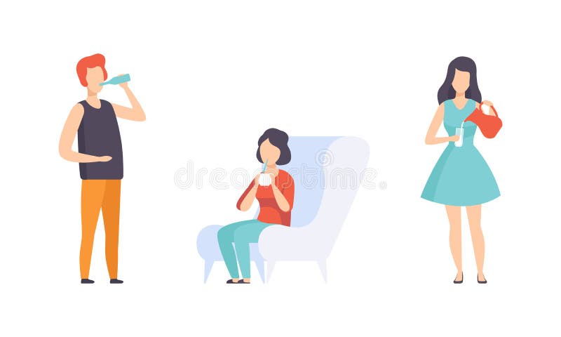 Set of People Drinking Various Drinks Flat Vector Illustration Stock ...