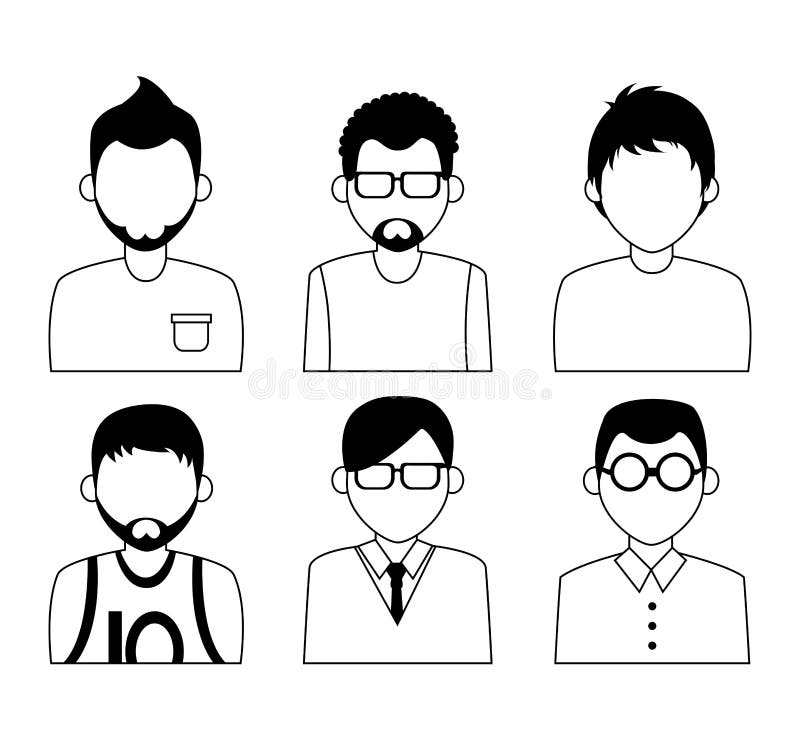 Set of People Faceless Characters Icons in Black and White Stock Vector ...