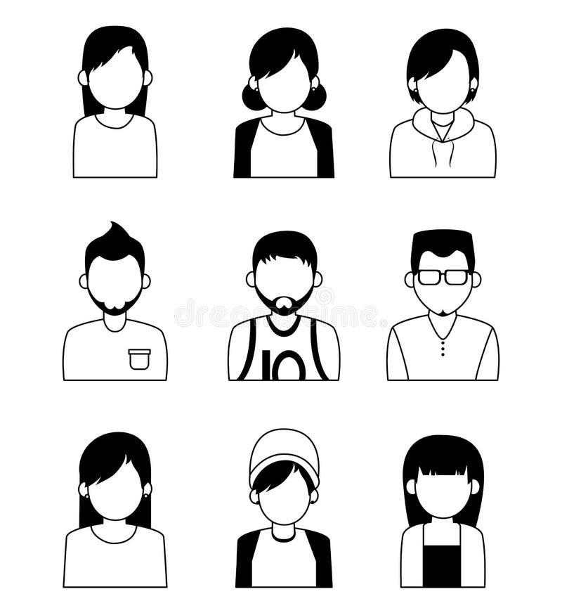 Set of People Faceless Characters Icons in Black and White Stock Vector ...