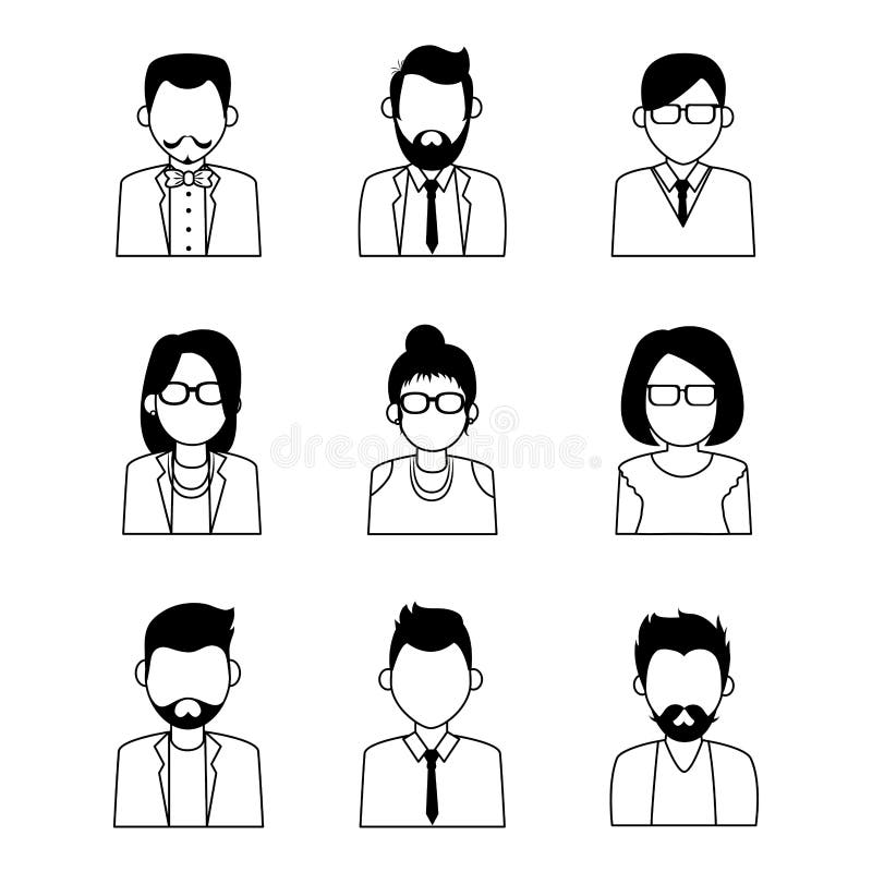 Set of People Faceless Characters Icons in Black and White Stock Vector ...