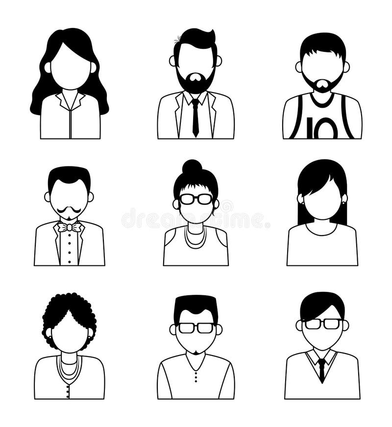 Set of People Faceless Characters Icons in Black and White Stock Vector ...