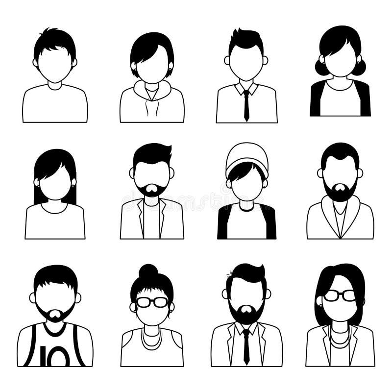 Set of People Faceless Characters Icons in Black and White Stock Vector ...