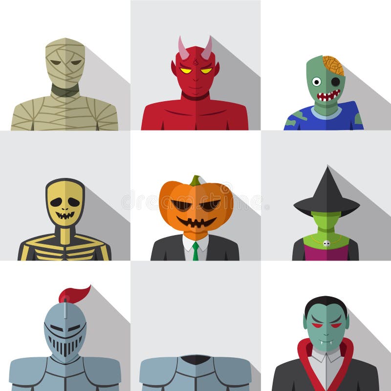 Set of People with Halloween Costume in Flat Icons Stock Vector ...
