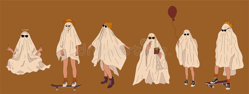 Set of People in Halloween Costume. Ghost. Flat Design Style Vector ...