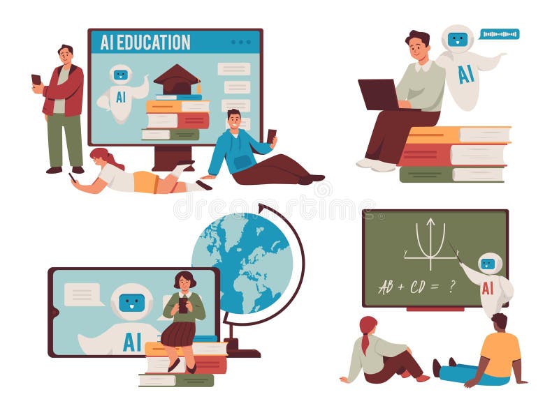 Set of People Learning with AI Robots Flat Style, Vector Illustration ...