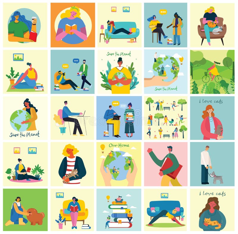Set of People, Men and Women with Different Things. Vector Graphic ...
