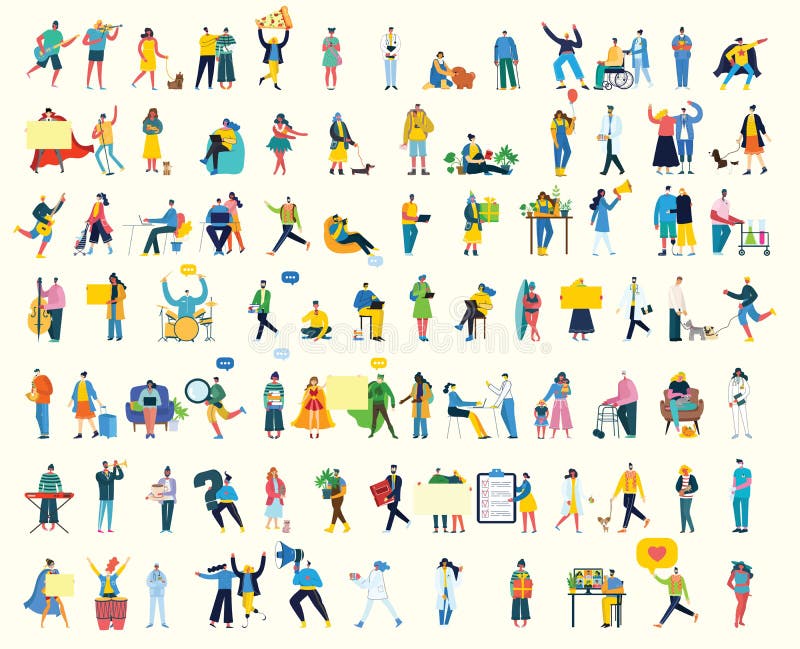 Set of People, Men and Women with Different Things. Vector Graphic ...