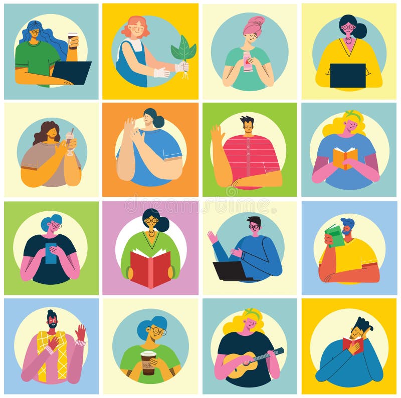 Set of People, Men and Women Read Book, Work on Laptop, Search with ...