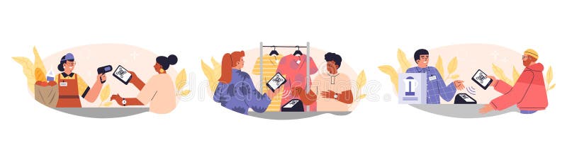 Set of People Pay for Various Goods with QR Code Flat Style Stock ...