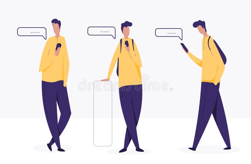 Set of People Use Smartphone. Texting Message. Young Man in Different ...