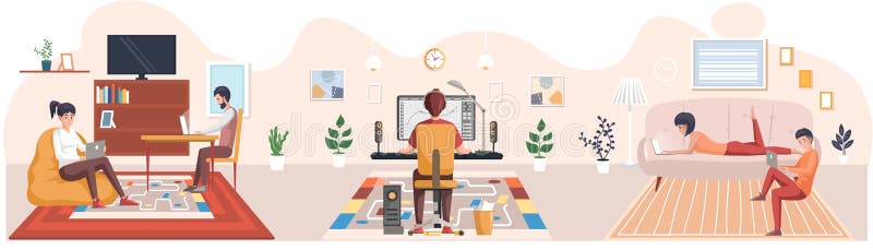 Set of People Using Laptops for Work and Entertainment. Remote Working ...