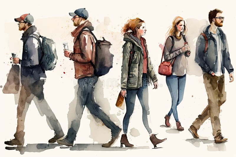 Set of People Walking, Watercolour , Ai Generative Stock Illustration ...