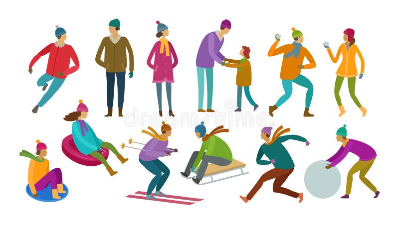 Set of People. Winter Activity, Wintertime Concept. Cartoon Vector ...