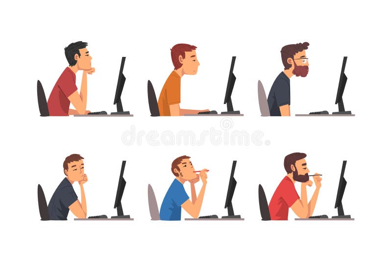 Set of People Working at Computers. Male Office Employees Sitting at ...