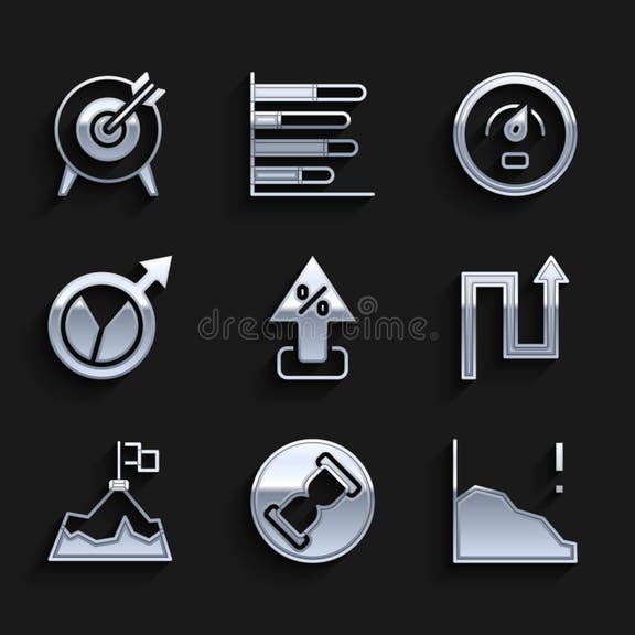 Set Percent Up Arrow, Old Hourglass with Sand, Financial Growth Decrease, Arrow, Mountains Flag ...