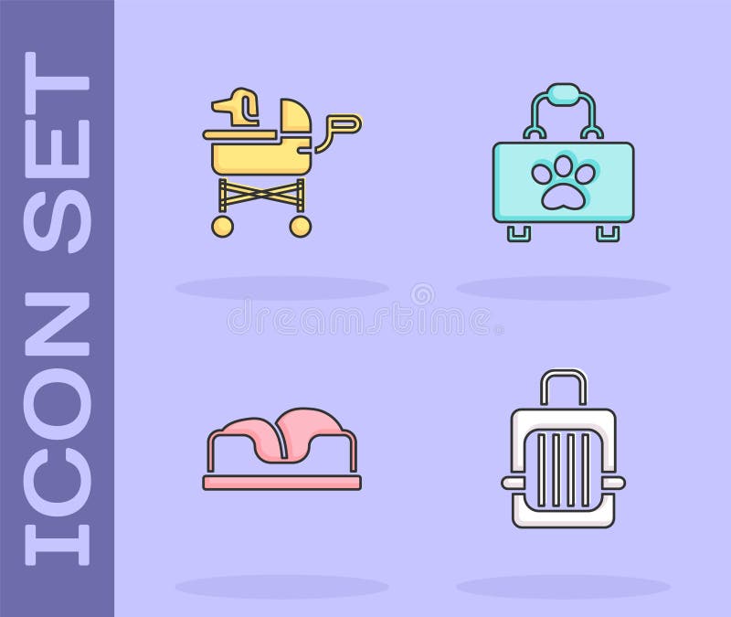 Set Pet Carry Case, Stroller, Bed and First Aid Kit Icon. Vector Stock ...