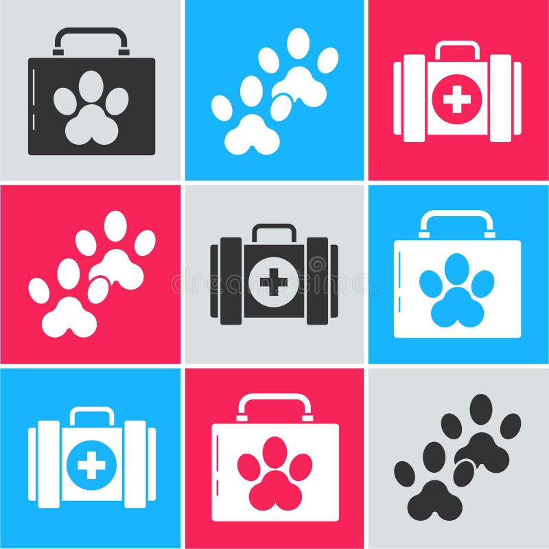 Set Pet First Aid Kit, Paw Print and Pet First Aid Kit Icon. Vector ...
