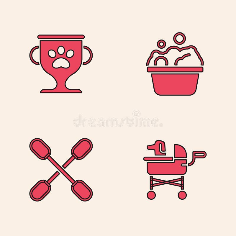 Set Pet Stroller, Award, Pets Bath and Cotton Swab for Ears Icon ...