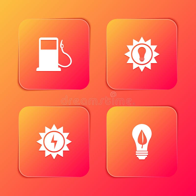 Set Petrol or Gas Station, Solar Energy Panel, and Light Bulb with Leaf ...