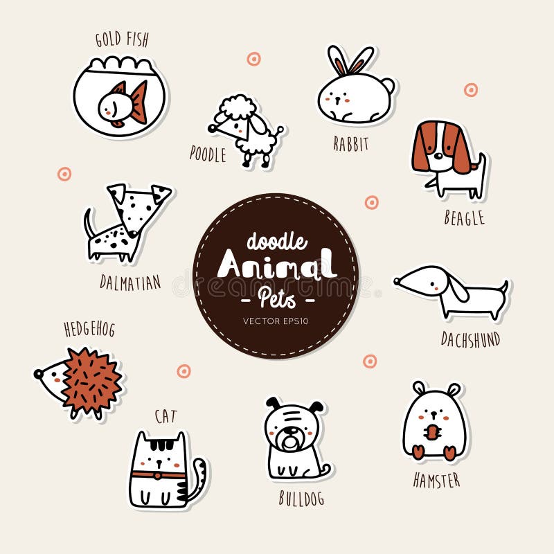 Set of Pets , Animal Icon Hand Draw Doodle Style Vector. Stock Vector ...