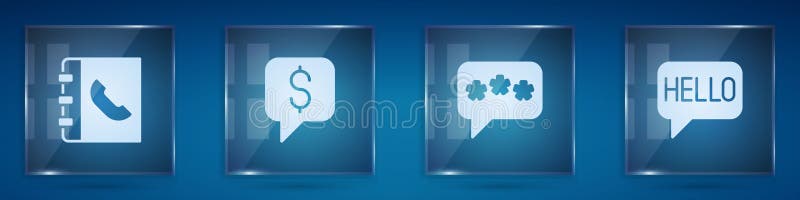 Set Phone Book, Paid Support, Speech Bubble Chat and Hello in Different ...