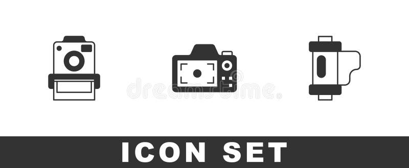 Set Photo Camera, and Camera Film Roll Cartridge Icon. Vector Stock ...
