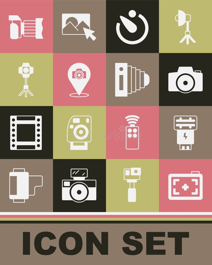 Set Photo Camera, Flash, Camera Timer, Softbox Light, and Icon. Vector ...