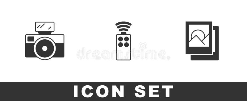 Set Photo Camera with Flash, Remote Control for and Frame Icon. Vector ...