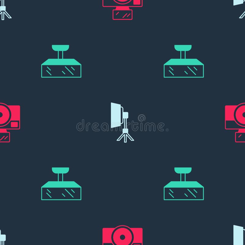 Set Photo Camera with Flash, Softbox Light and on Seamless Pattern ...