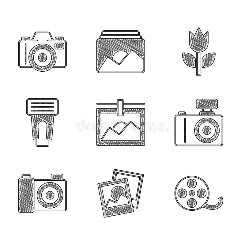 Set Photo Frame, Film Reel, Camera, Flash, Mode Macro and Icon. Vector ...
