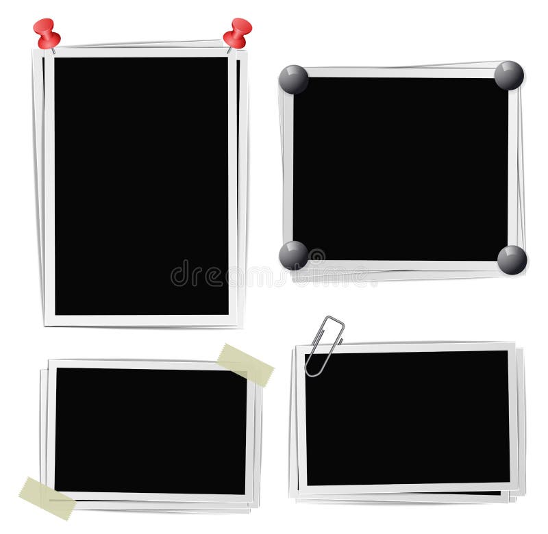Set of Photo Frames with Pins, Pushpins, Adhesive Tape, Clips Stock ...