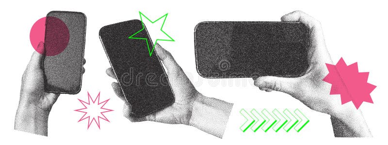 Set of Photocopy Hands with Smartphone and Geometric Shapes. Vector ...